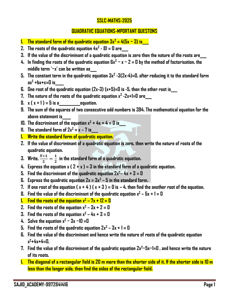 Sslc-Maths-2025-Quadratic Equations-Mp Questons | PDF | Quadratic ...
