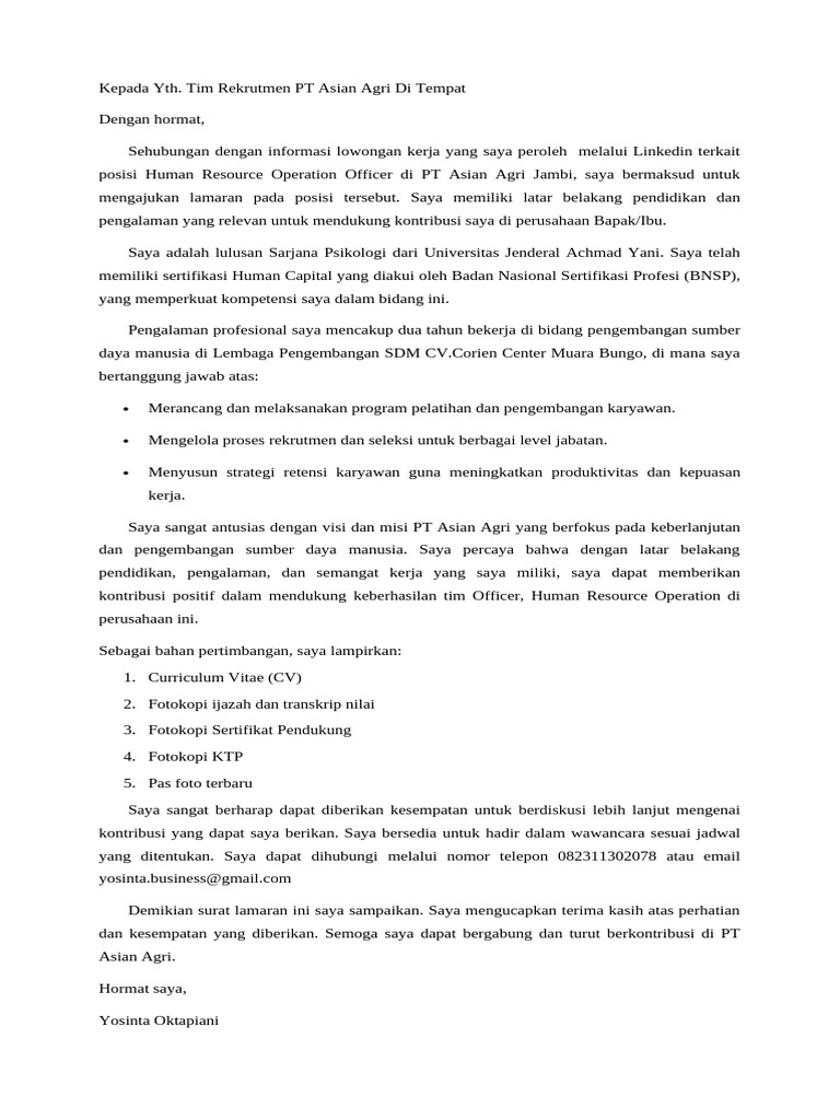 Surat Lamaran PT Asian Agri | PDF