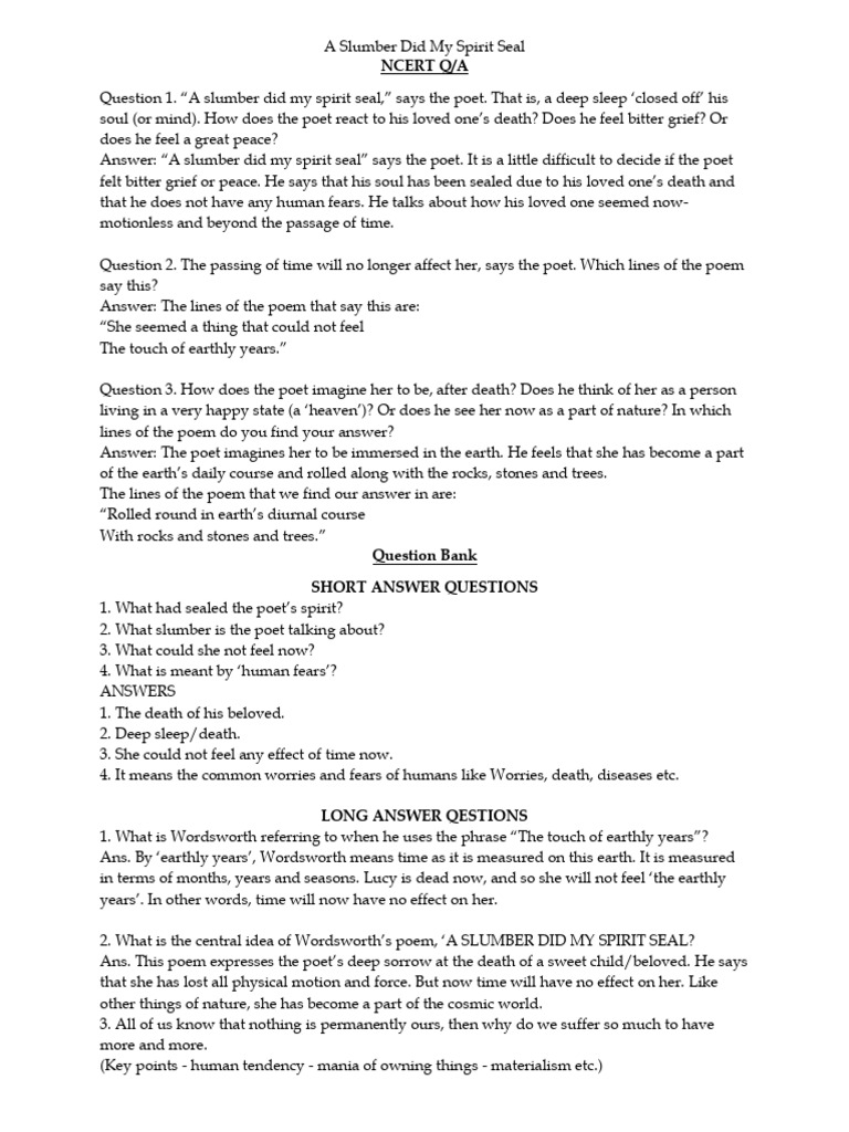 Analysis of Wordsworth's "A Slumber Did My Spirit Seal" | PDF | Poetry