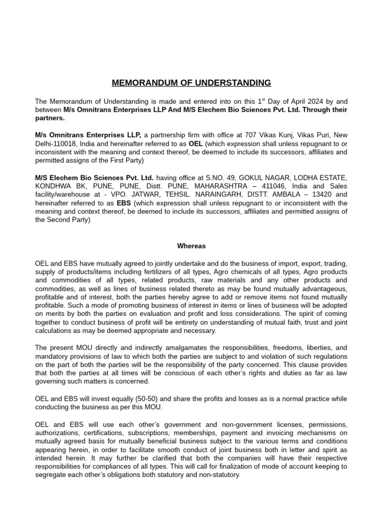MOU - OEL and EBS | PDF | Indemnity | Information