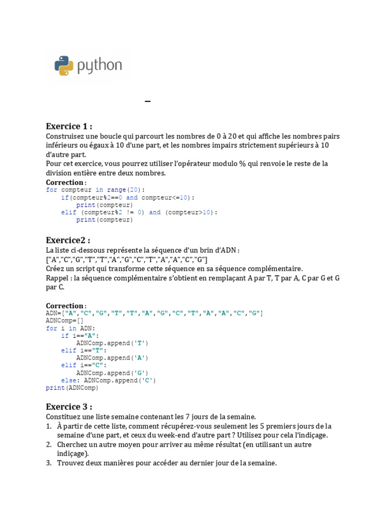 Exercices de Programmation Python | PDF | Semaine de travail et week-end