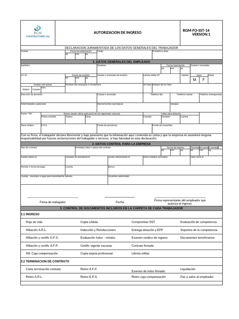 RGM Fo SST 14 v1 Autorizacion de Ingreso | PDF