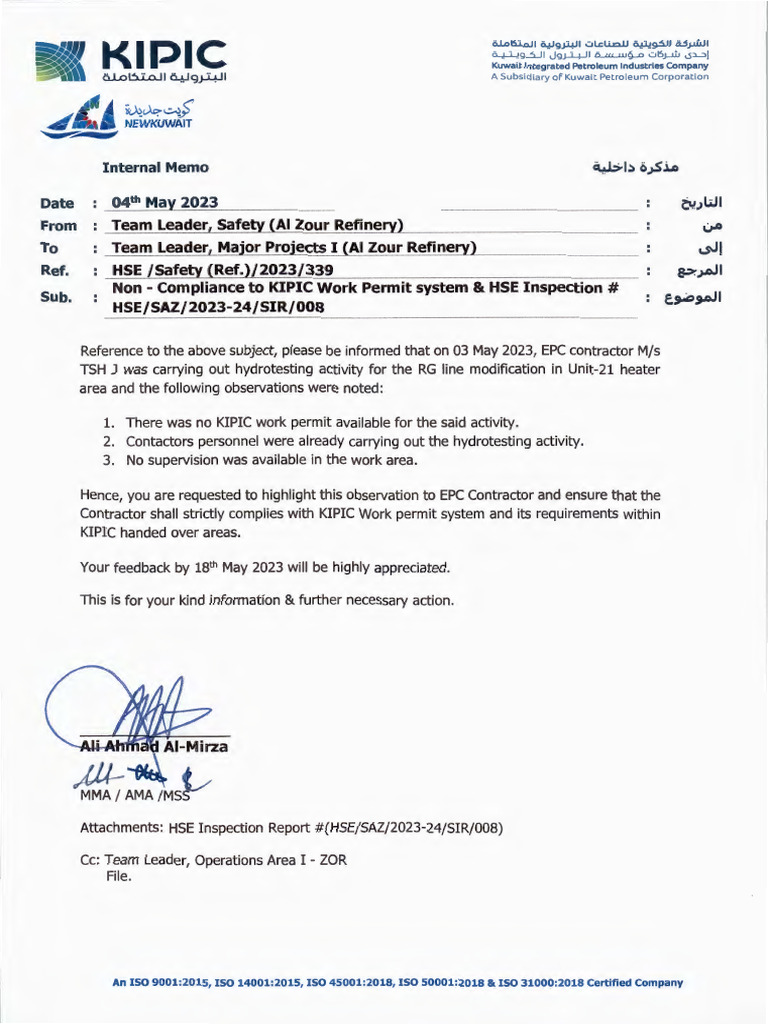 HSE-Safety (Ref) - 2023-339 Non - Compliance To KIPIC Work Permit System & HSE Inspection # HSE ...