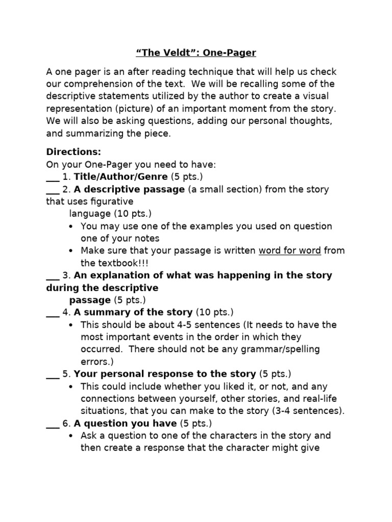 One-Pager Guide for "The Veldt" | PDF