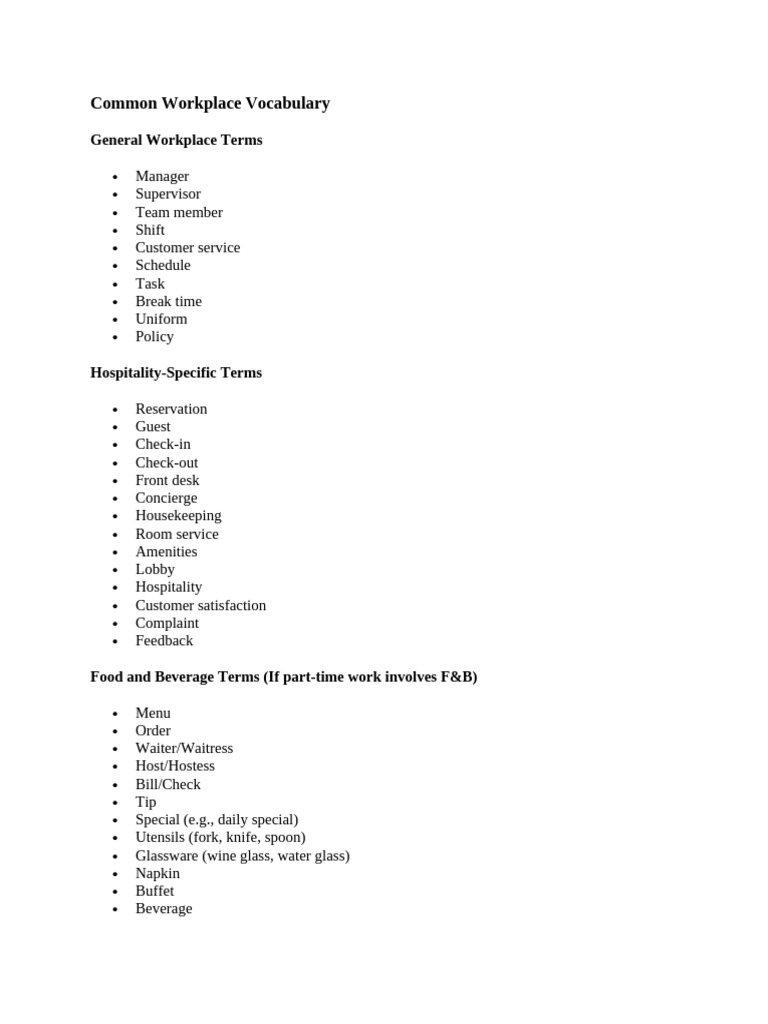 Common Workplace Vocabulary | PDF | Waiting Staff