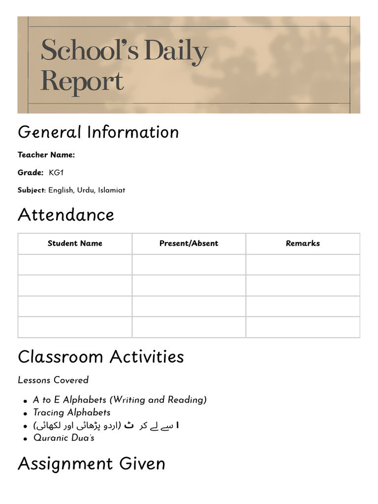 KG1 Daily Report: Attendance & Activities | PDF