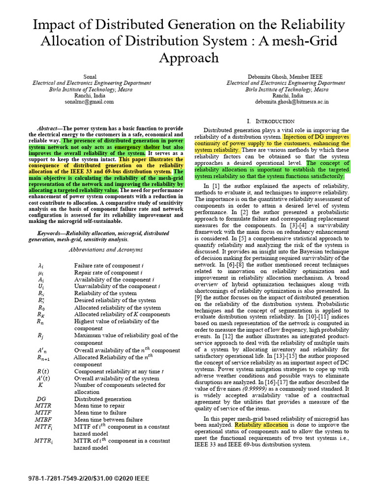 1 2020 Ieee Impact Of Dg On The Reliability Allocation Of Distribution System A Mesh Grid