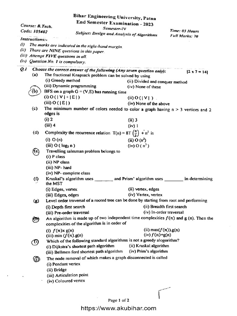 Btech Cs 4 Sem Design and Analysis of Algorithms 105402 2023 | PDF