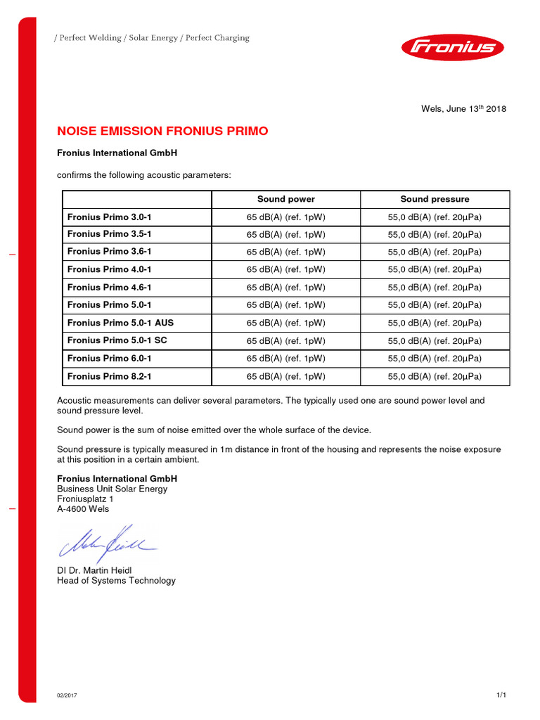 SE CER Noise Emission Fronius Primo 3.0-1 - 8.2-1 EN | PDF