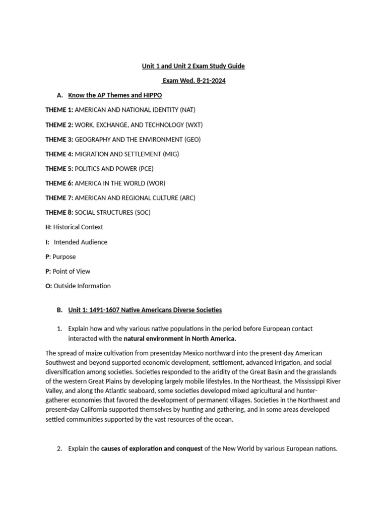 AP Exam Study Guide: Units 1 & 2 | PDF | European Colonization Of The ...