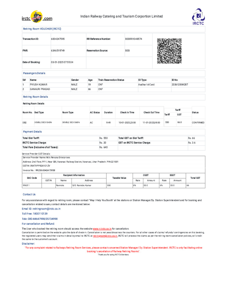 IRCTC Retiring Room (1) 356 | PDF | Government Finances | Taxes