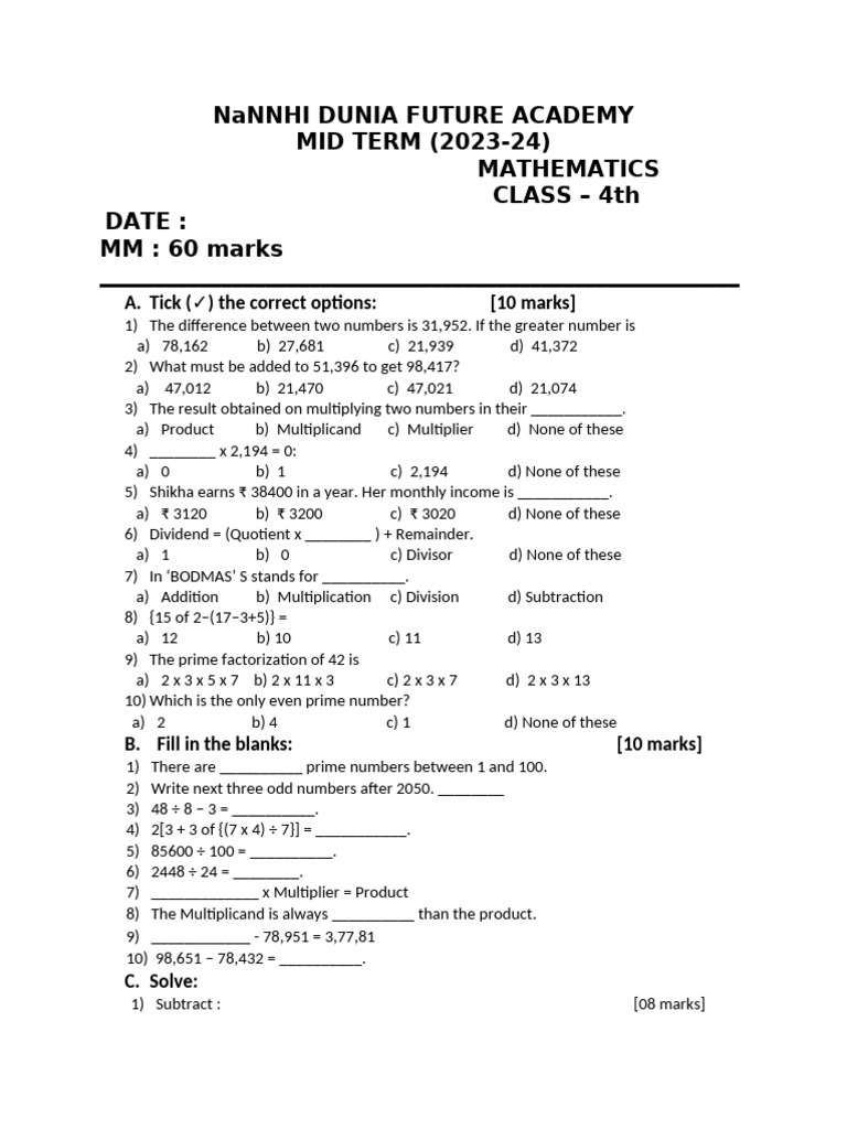 COMPUTER (CLASS-4th) (MID TERM) | PDF | Subtraction | Multiplication