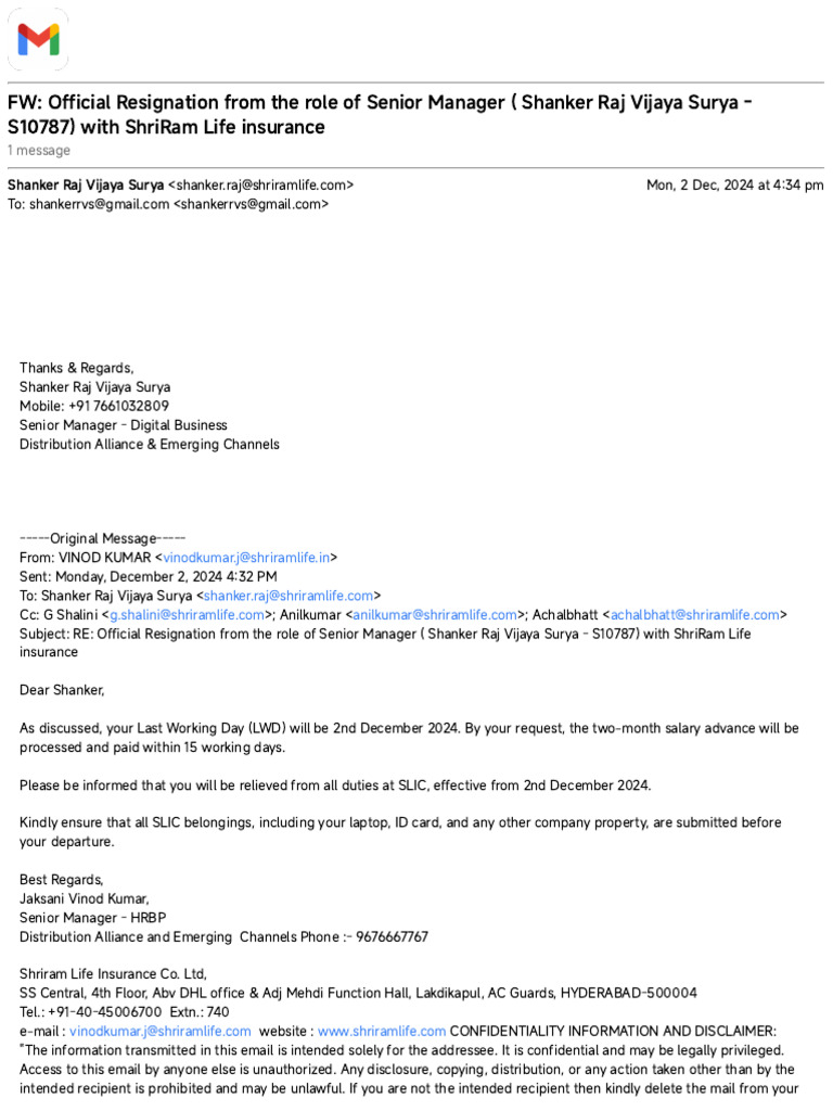 Gmail - FW - Official Resignation From The Role | PDF | Computing