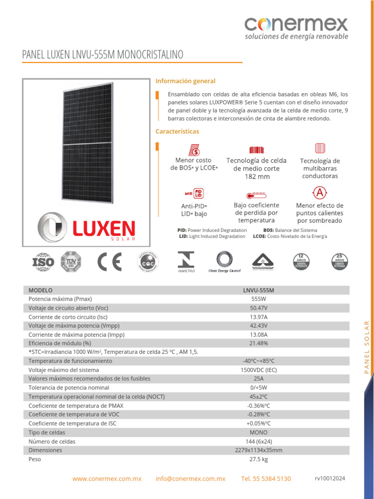 Luxen 555 Monofacial - 250104 - 082905 | PDF | Panel solar | Electricidad