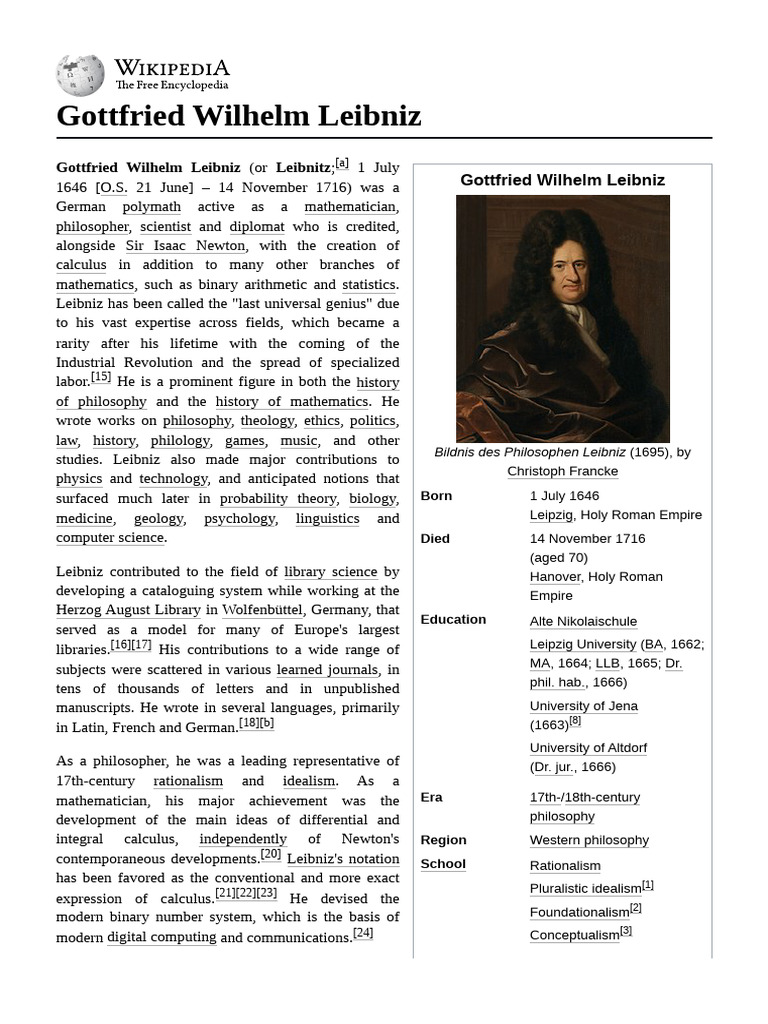 Gottfried Wilhelm Leibniz | PDF | Gottfried Wilhelm Leibniz | Teaching Mathematics