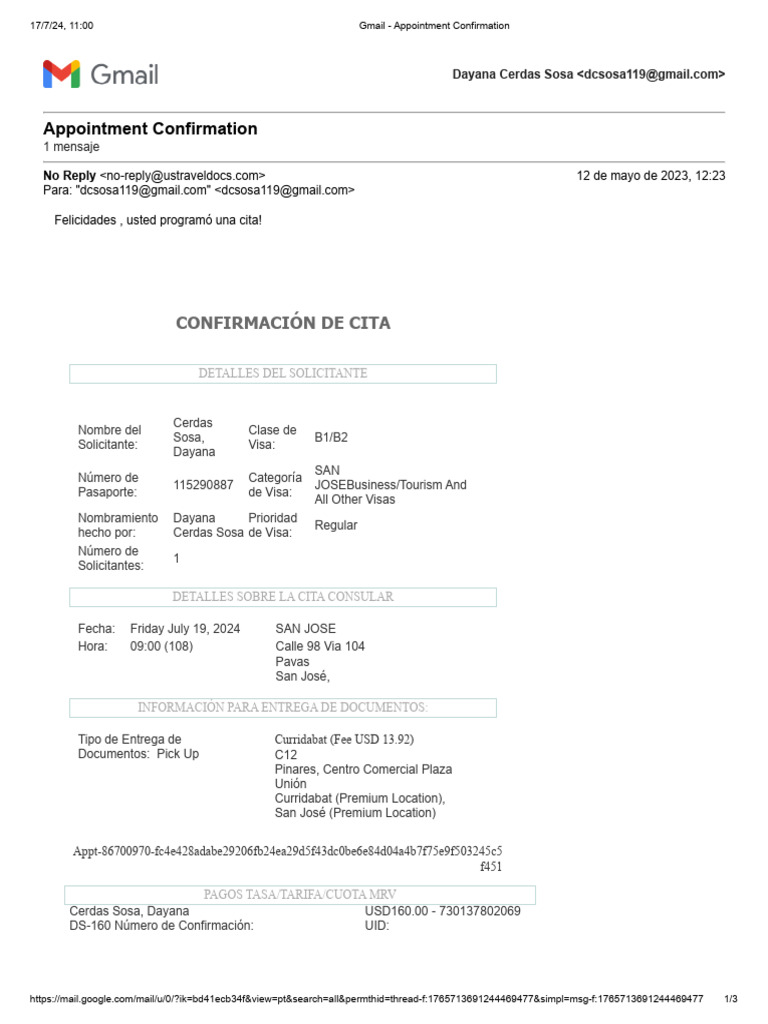 Gmail - Appointment Confirmation | PDF | Visa de viaje | Pasaporte