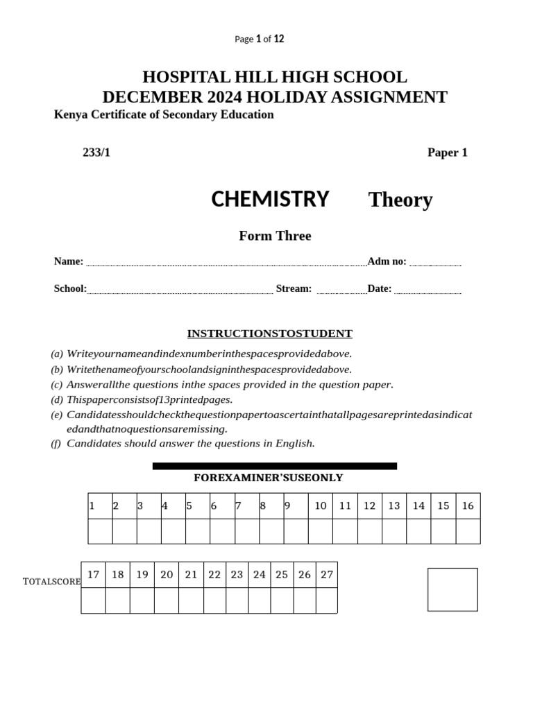 Chem f3 Dec 2024 Holiday Assignment | PDF | Gases | Acid