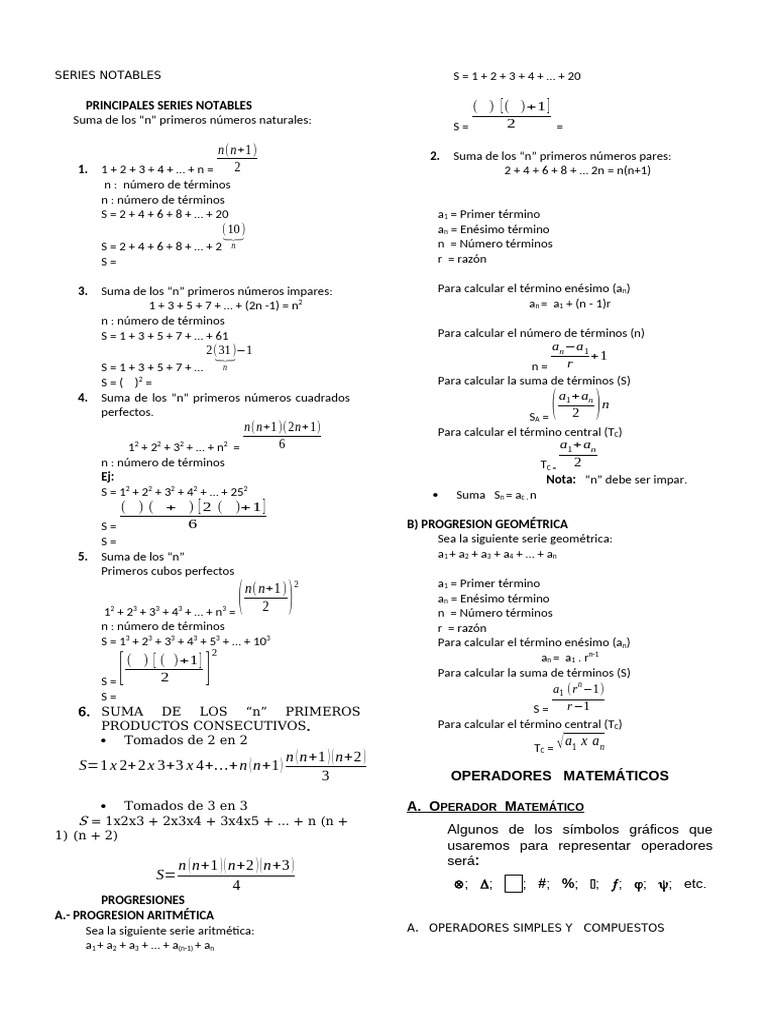 Ejercicios y fórmulas de series notables | PDF | Matemáticas | Aritmética