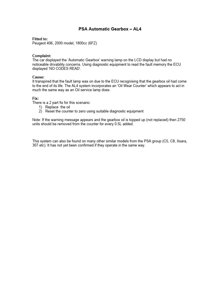 Psa Automatic Gearbox Al4 | PDF