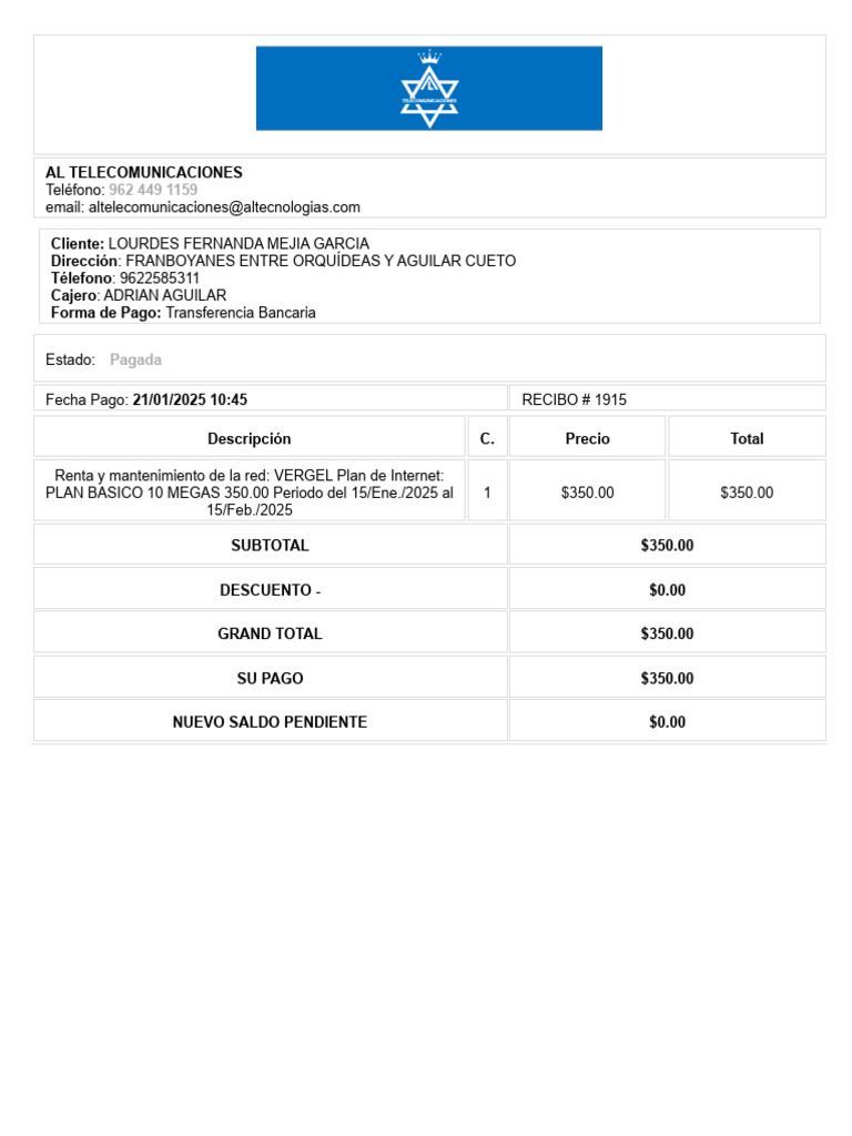 Recibo de Pago por Internet 10 Megas | PDF
