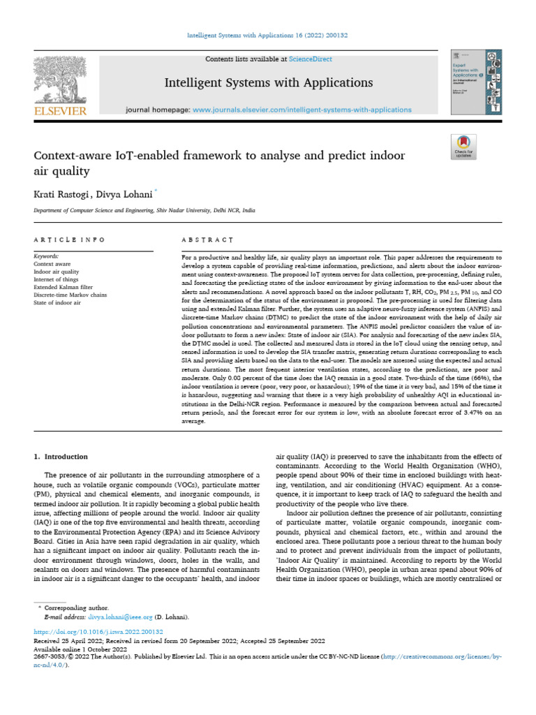 Context-aware IoT-enable framework to analyse and predict indoor air quality | PDF | Air ...