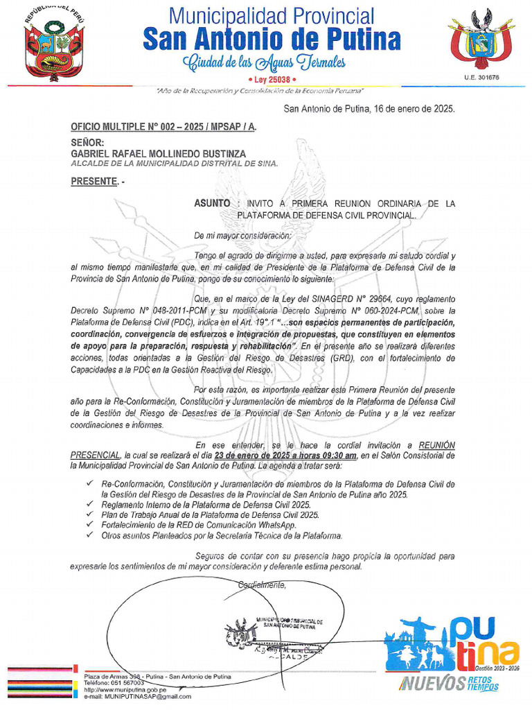 Oficio Multiple #002-2025-Mpsa-A - Sina | PDF