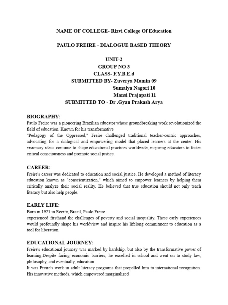 Paulo Freire Notes On Dialogue Based Education | PDF | Learning ...