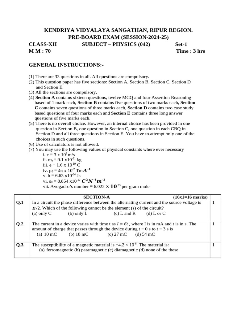 QP (Physics) (Xii) Set (No 1) | PDF | Optics | Optical Fiber