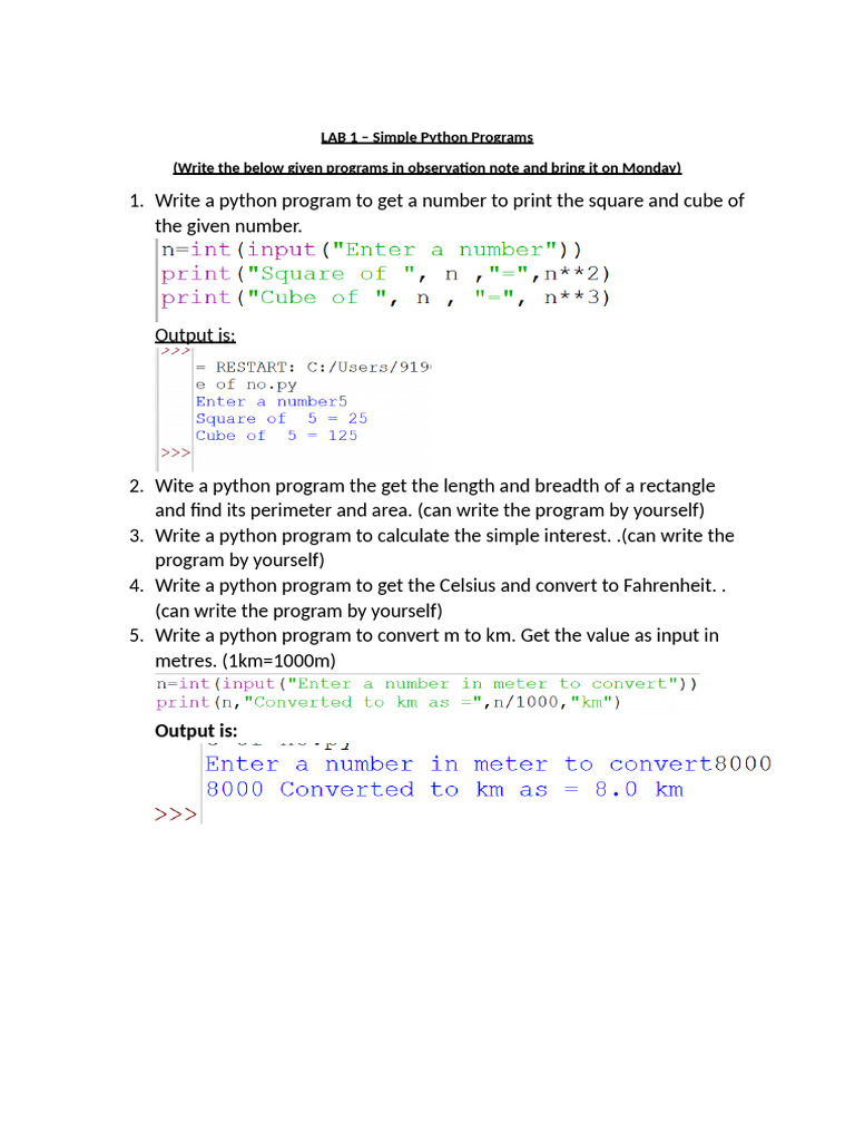 LAB 1 - Basic Python Program | PDF