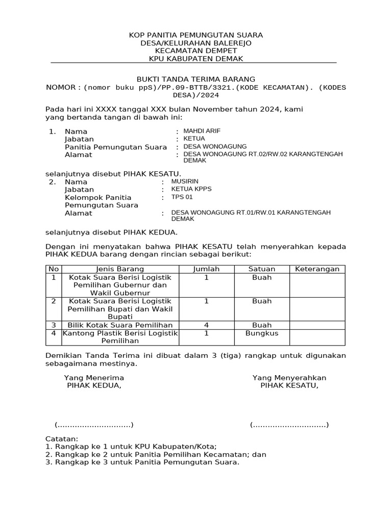 Bukti Terima Logistik Pemilu Wonoagung | PDF