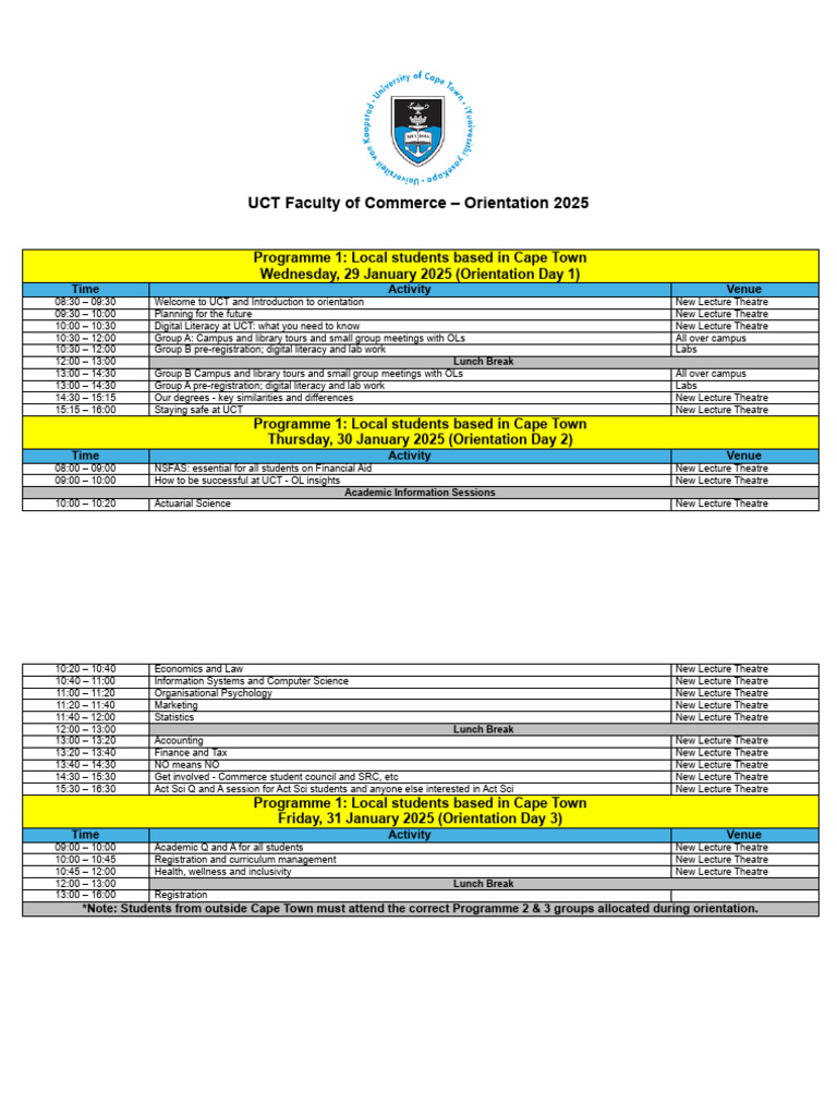 UCT Commerce Orientation 2025 Schedule | PDF