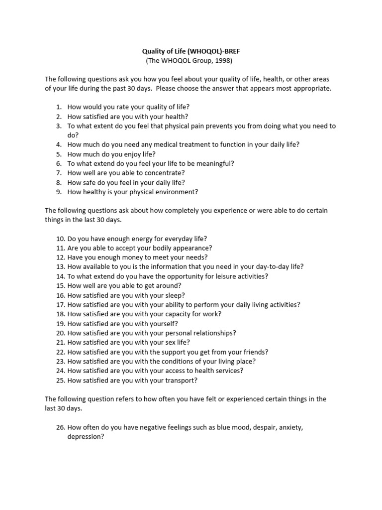 whoqol-bref scale | PDF | Emotions | Psychological Concepts