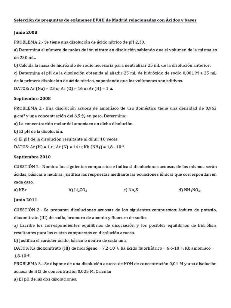 Ejercicios Ácido Base (1) | PDF | Ácido | Ph