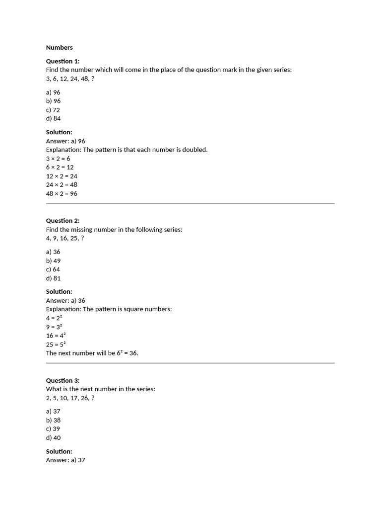 Number Series and Pattern Solutions | PDF