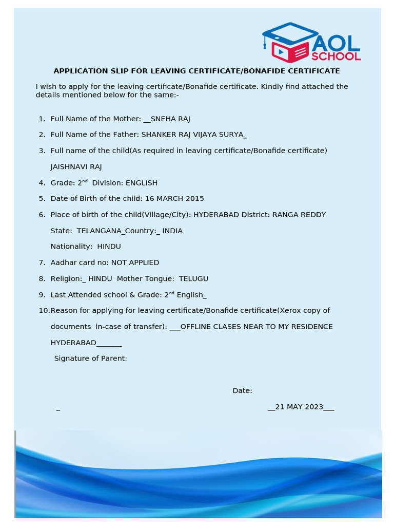 School Leaving Certificate Application Form | PDF