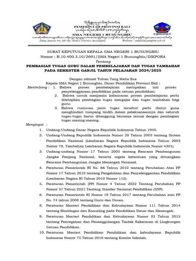 SK Pemb. Tugas PBM Ganjil 2024-2025 Siap TTE | PDF