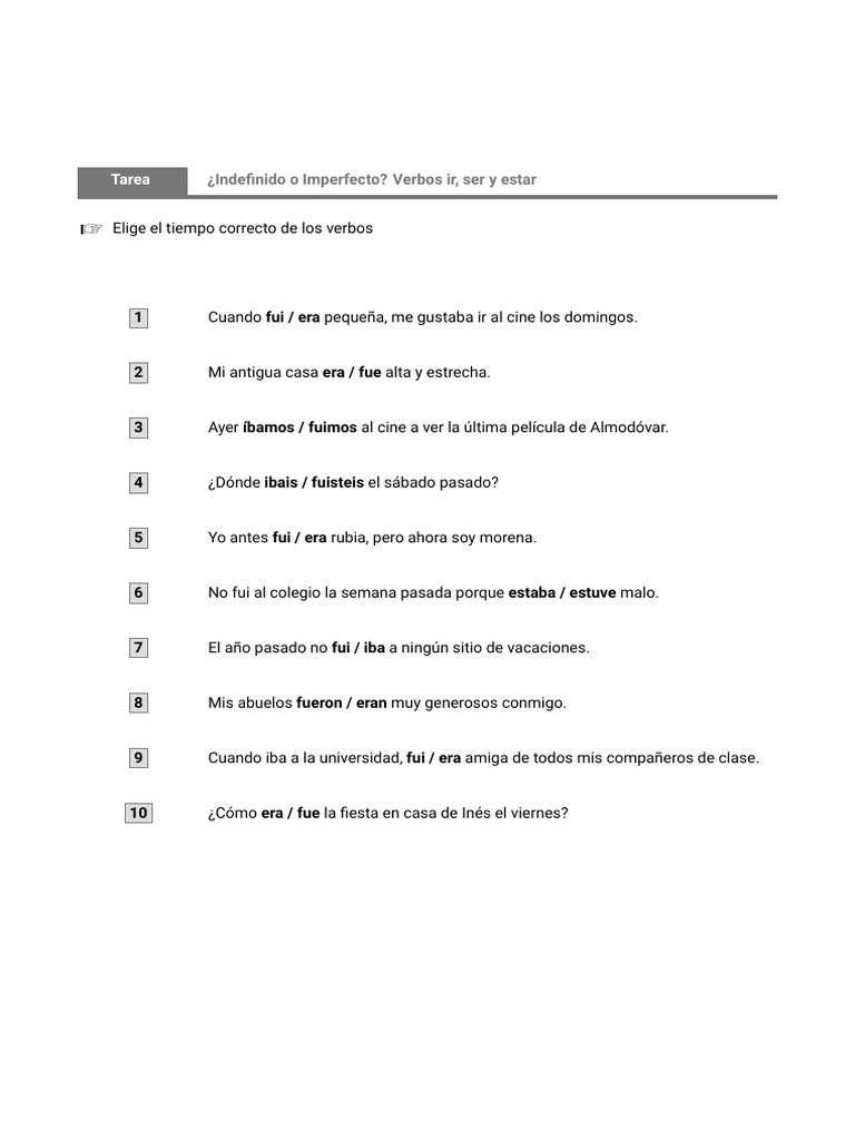 Indefinido o Imperfecto Verbos Ir Ser y Estar | PDF