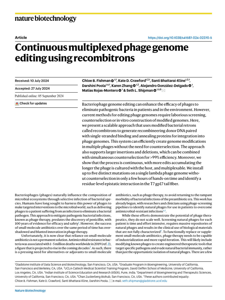 Continuous Multiplexed Phage Genome Editing Using Recombitrons | PDF ...