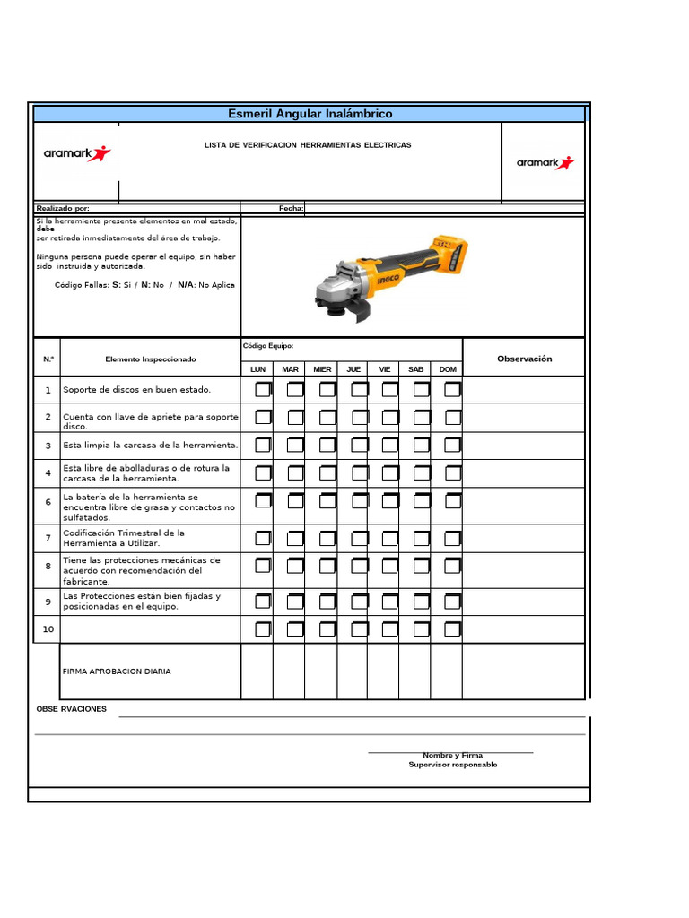 Checklist Esmeril Angular Inalámbrico | PDF