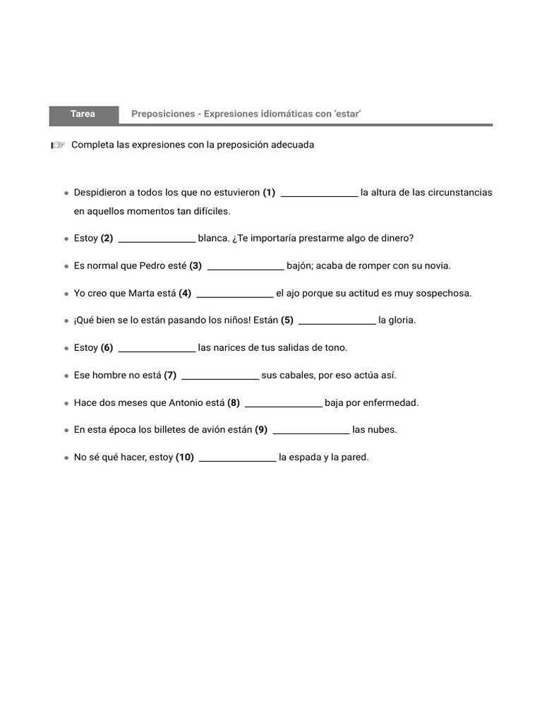 Preposiciones Expresiones Idiomaticas Con Estar | PDF