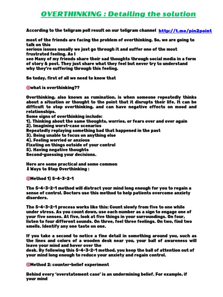 Overthinking (Detailing the solutions) | PDF | Thought | Feeling