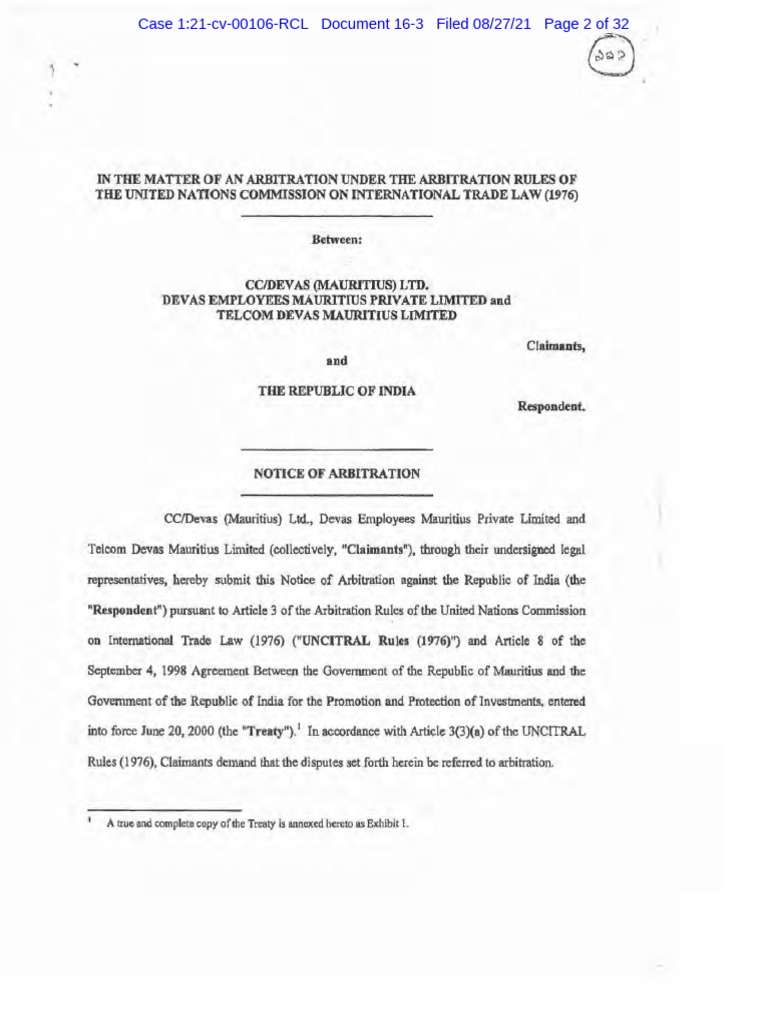 Notice of Arbitration: Devas vs. India | PDF | Arbitration ...