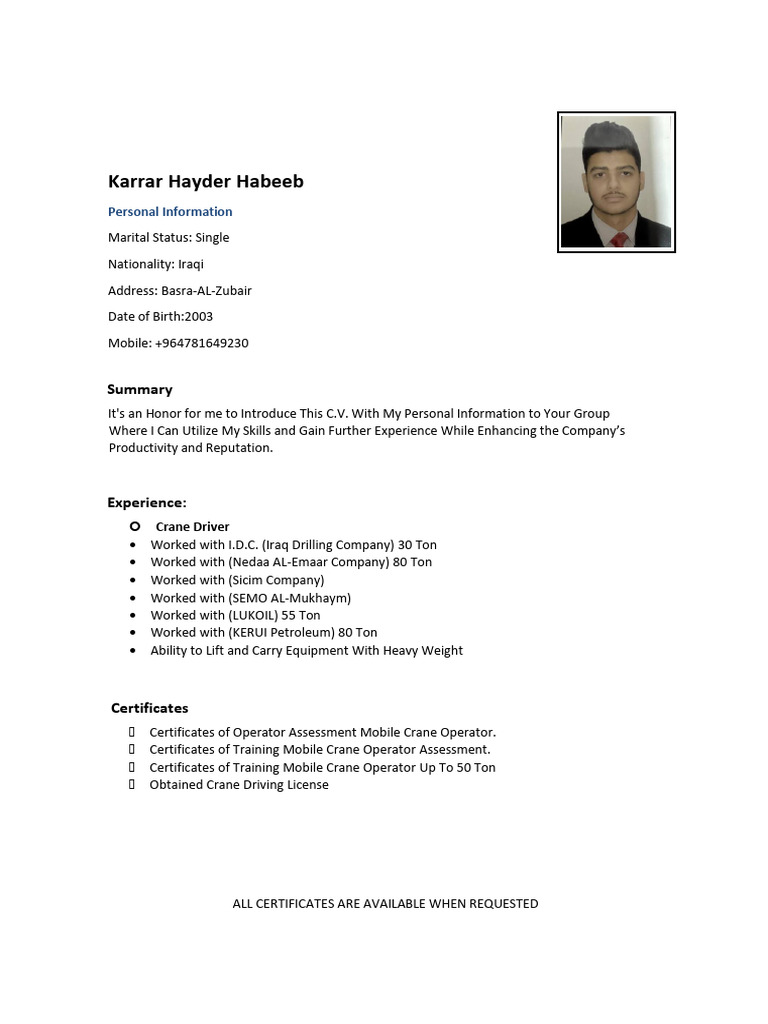 Crane Driver CV - Karrar Hayder Habeeb | PDF