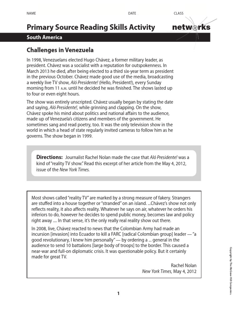 Chapter 9 Primary Source Reading Skills Activity | PDF | Hugo Chávez ...