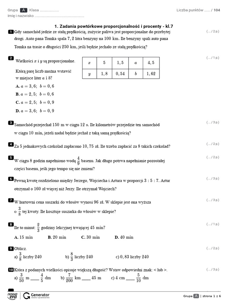 1.proporcjonalność I Procenty - kl.7 | PDF
