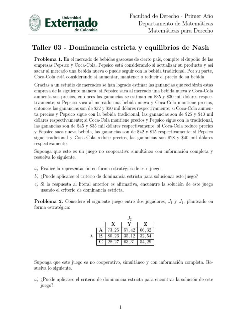 Taller 03 - Dominancia Estricta y Equilibrios de Nash | PDF | Coca Cola