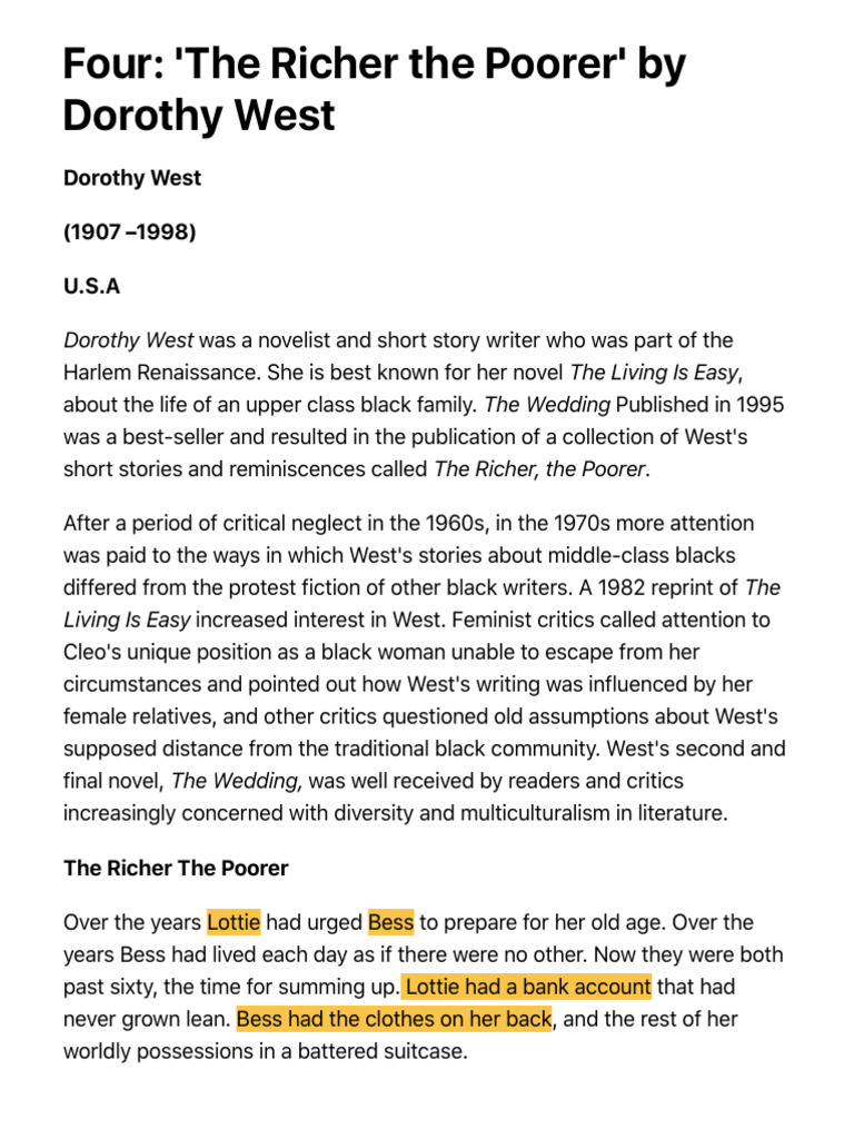 The Richer The Poorer' by Dorothy West | PDF