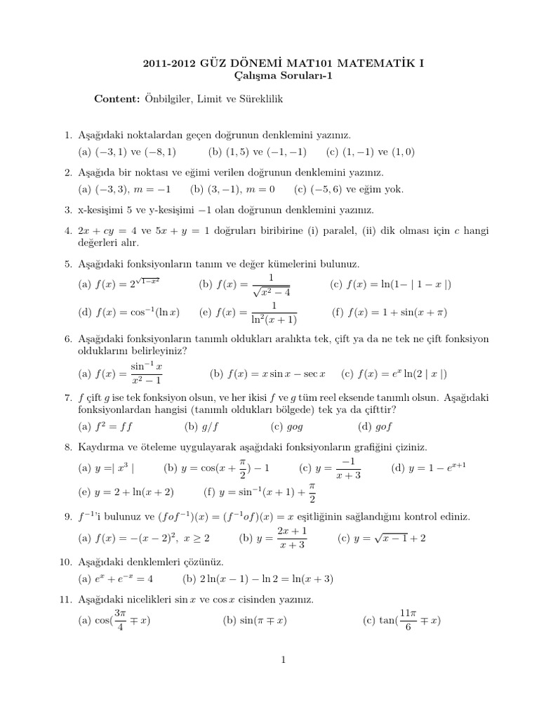 Mat101 Calisma Sorulari 1 | PDF