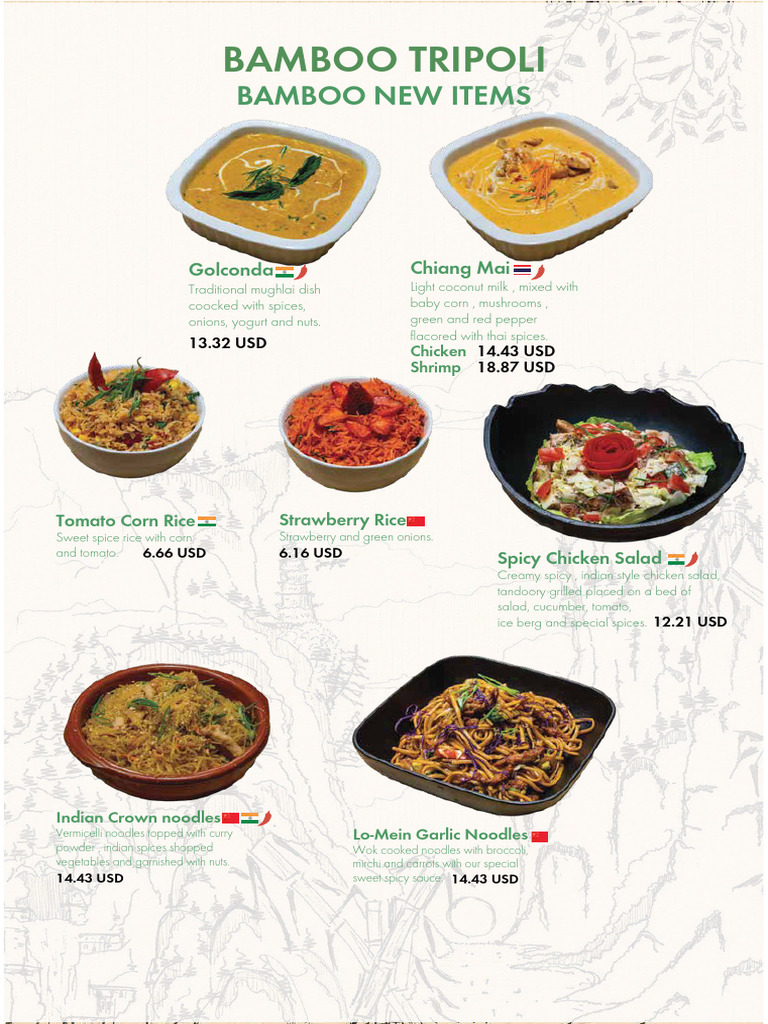 Bamboo Tripoli Menu Highlights | PDF | Curry | Indian Cuisine