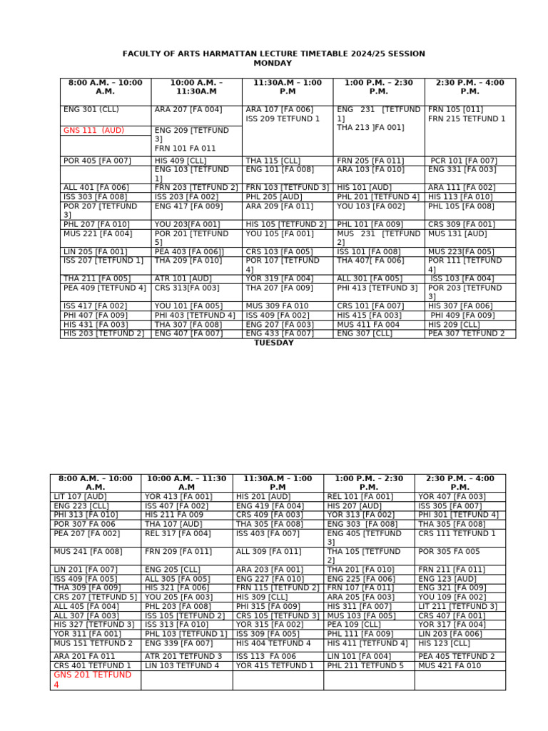 Final Faculty of Arts Harmattan Lecture Timetable 2024-25 | PDF